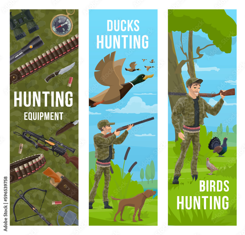 Hunting sport equipment and animals, cartoon hunter, gun and dog vector ...