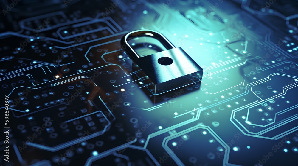Cybersecurity Concept Depicting A Padlock On Top Of A Microchip Board Symbolizing Protection