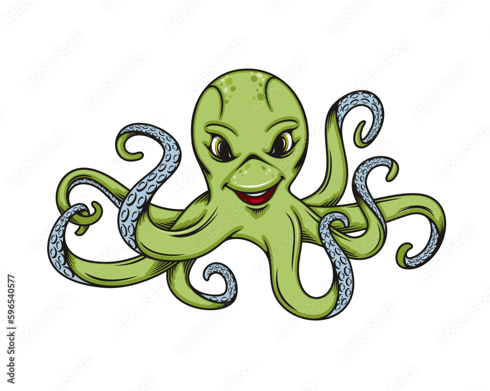 Vetor de Cartoon octopus, cute sea water animal character. Vector green ...