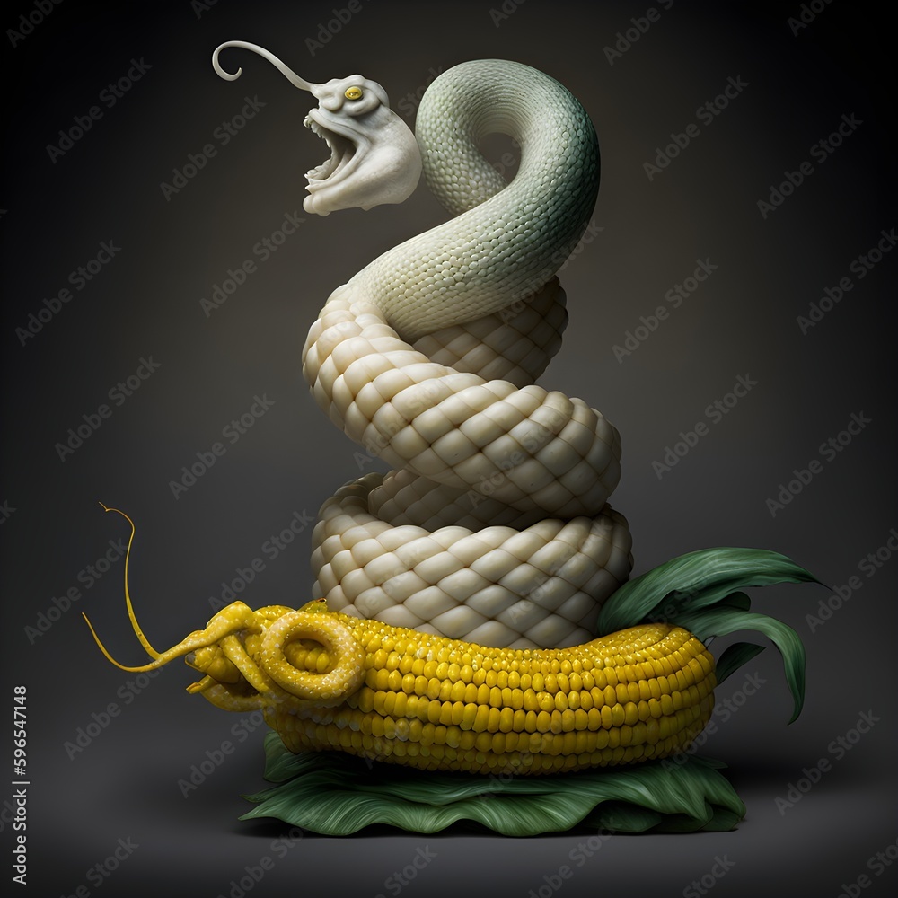 surrealist marble sculpture of a snake coiled around a corn on the cob ...