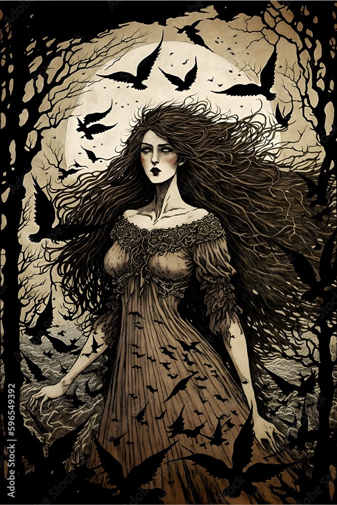 mysterious woman with long flowing hair surrounded by crows in the ...
