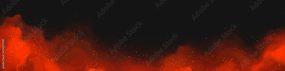 Red smoke cloud effect vector background. Realistic fire fog spark with ...