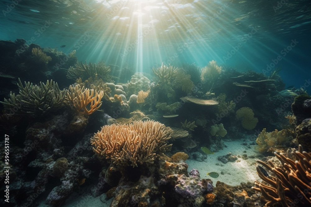 Sunrays illuminating coral reef, sustaining life & environment ...
