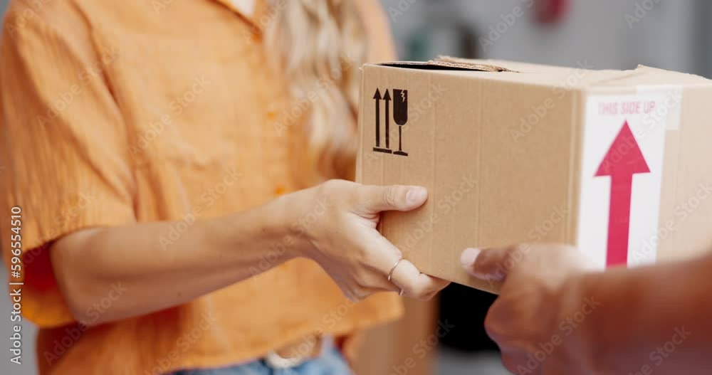 People, hands and box for ecommerce, delivery or parcel in online ...