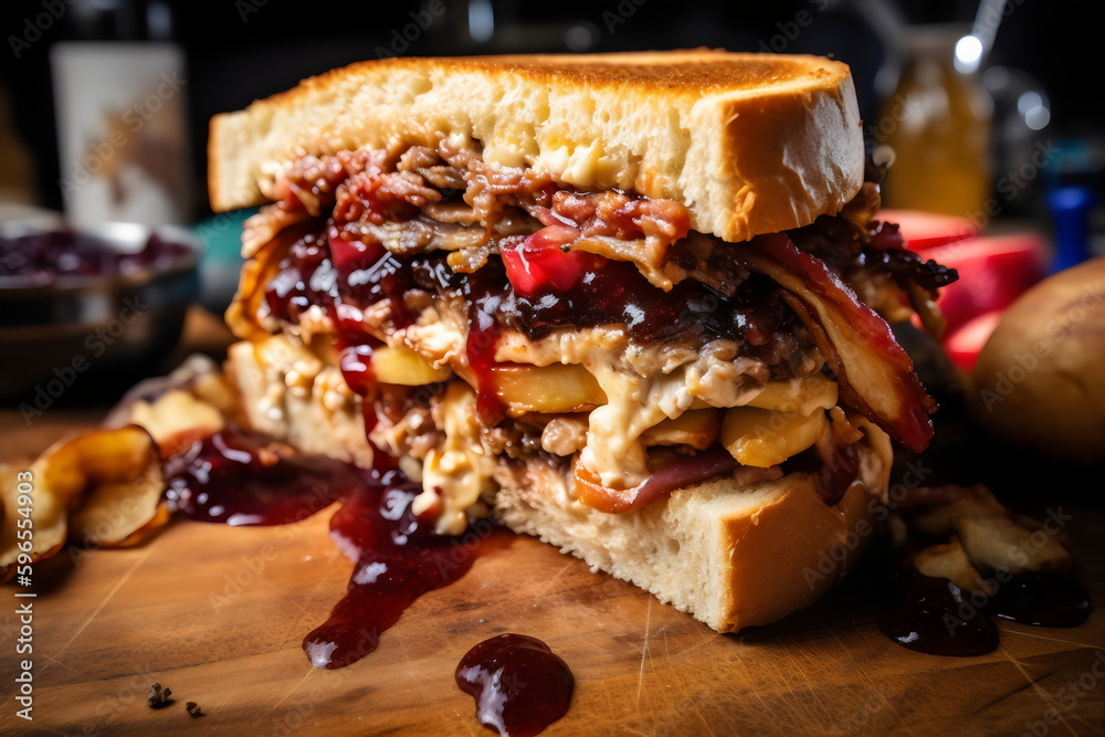 huge pbj sandwich stuffed with bacon, chili, jelly, peanut butter ...
