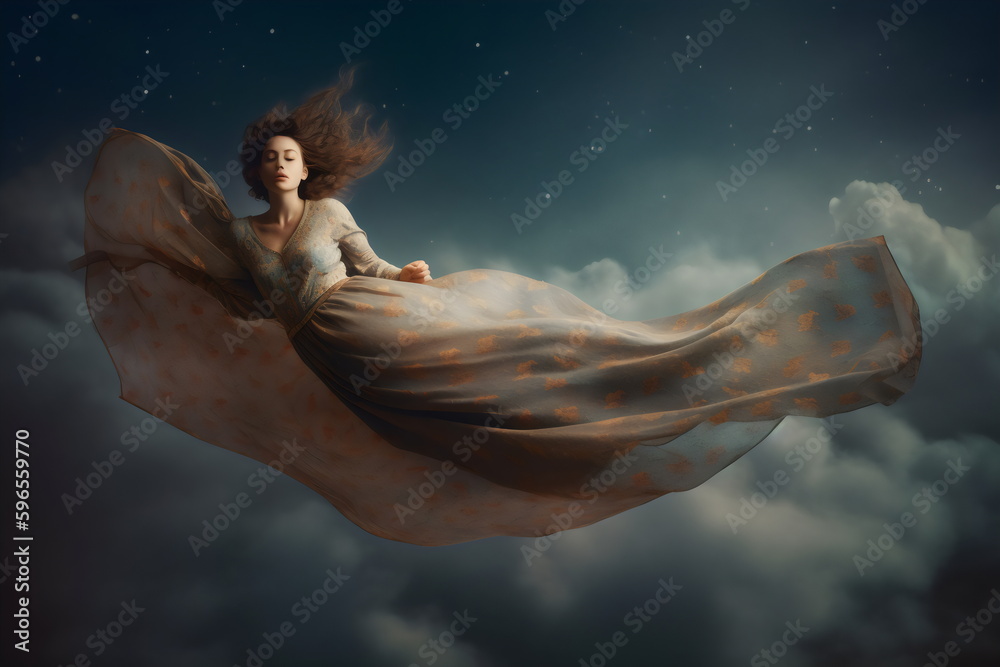floating woman in flowing long dress flying through sky in a dream ...