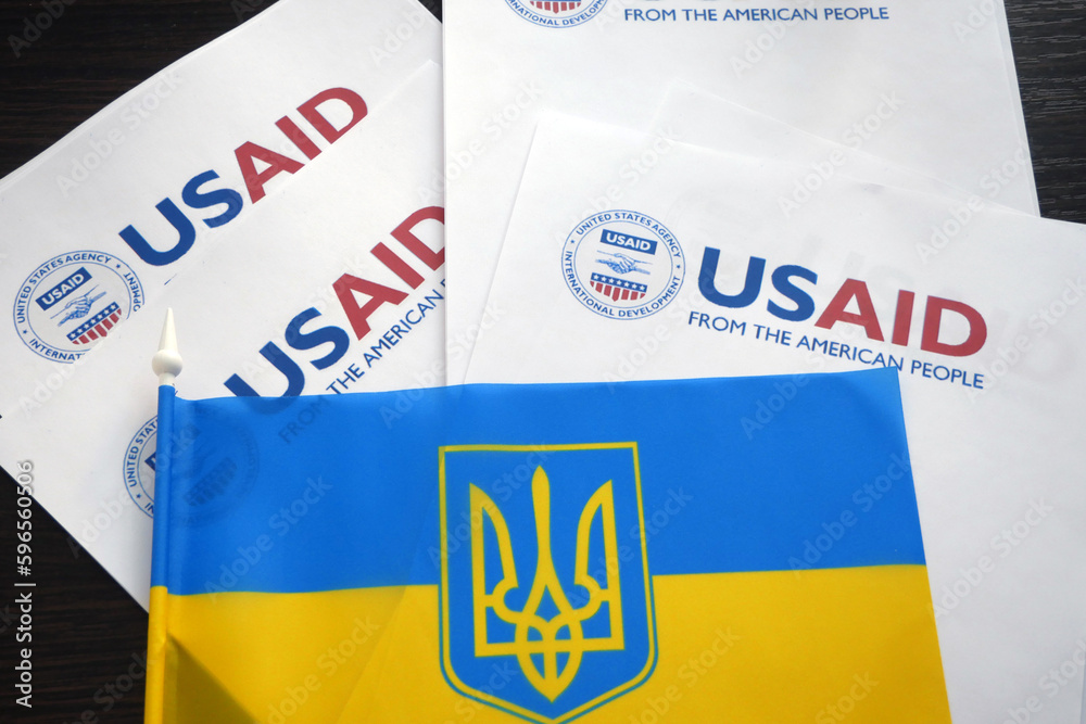 Kiev, Ukraine - 02 12 2023: USAid logo and ukrainian flag, USAid is USA ...