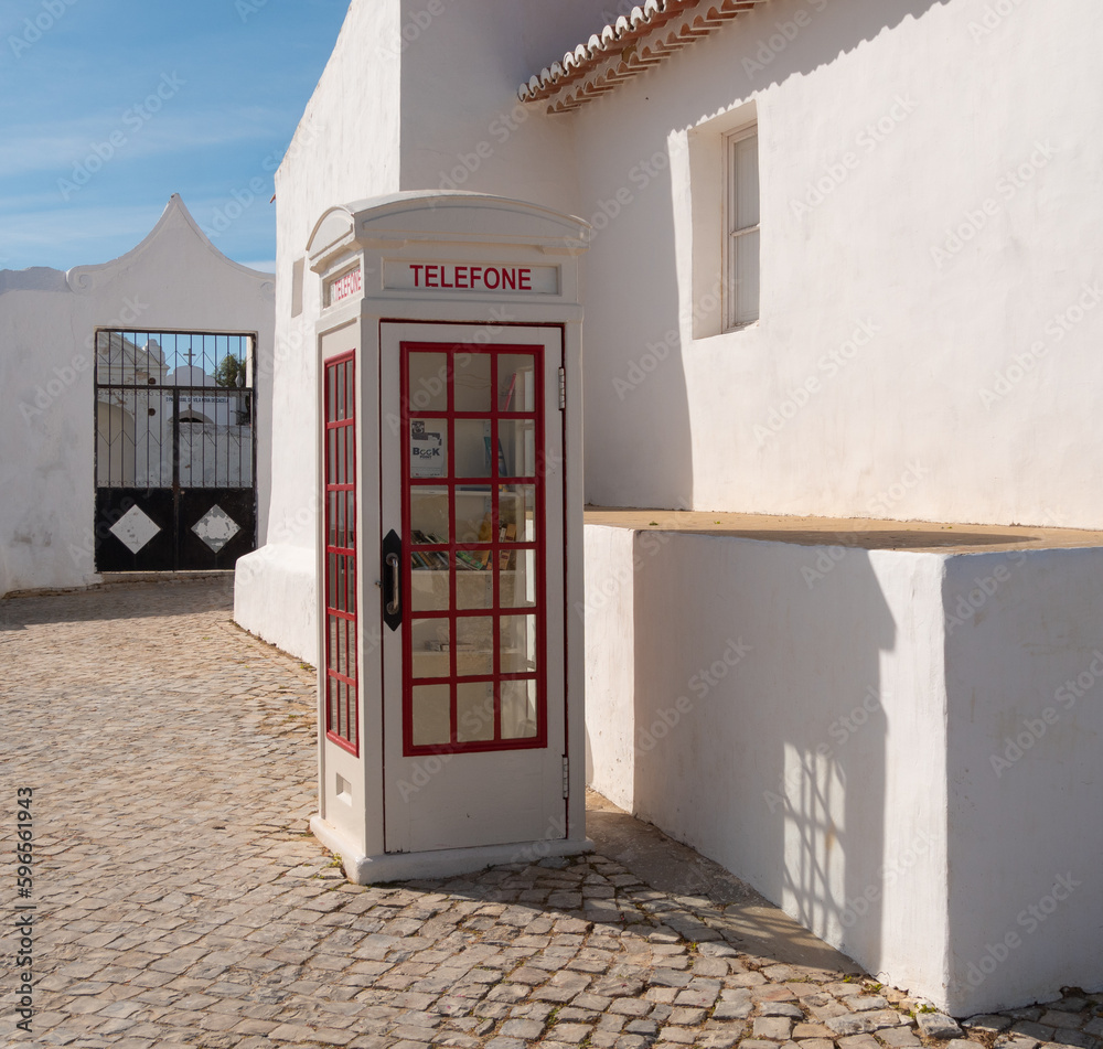 Old phone booth in the historic village of Cacela Velha, Portugal Stock ...