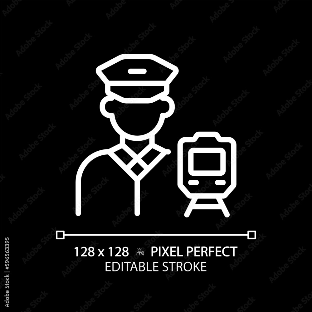 Train driver pixel perfect white linear icon for dark theme. Railroad ...