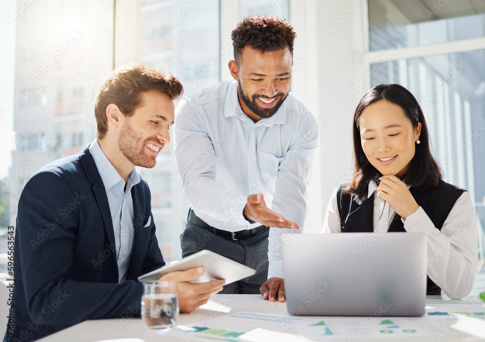 Smile, laptop or diversity people work on office review of customer ...