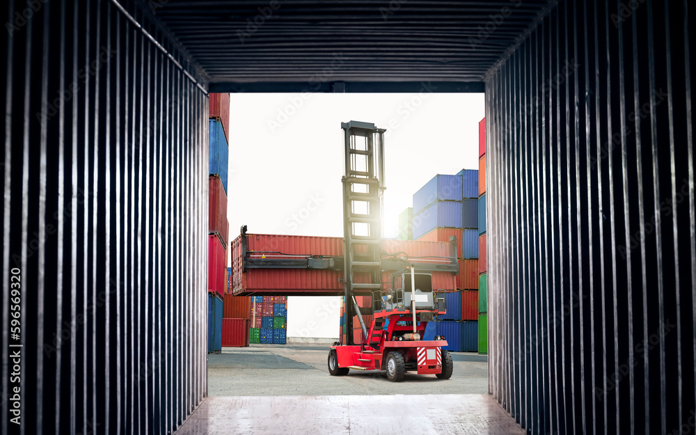 Inside View of Cargo Container. Crane Tractor Lifting up Stacking Cargo ...