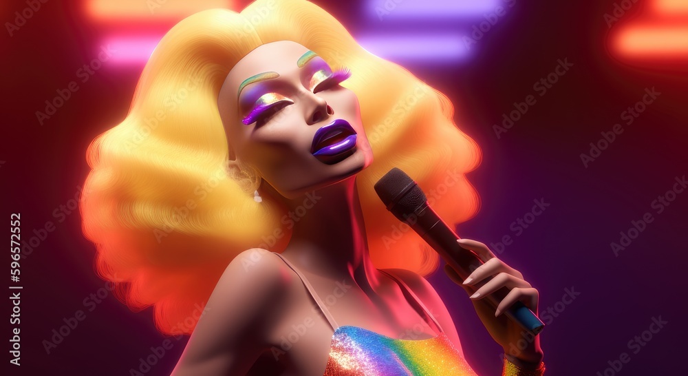 Fictional Drag Queen with orange wig lip syncing with a microphone in ...