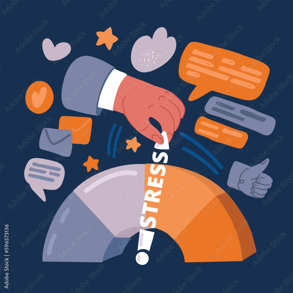 Cartoon vector illustration of stress level scale. Hand hold arrow ...