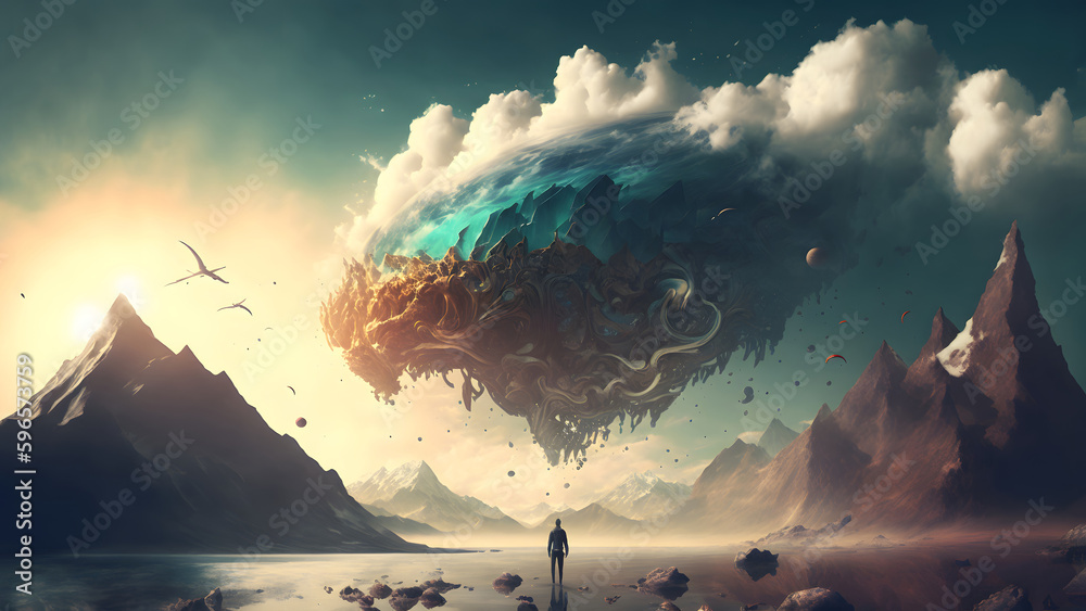 Human Silhouette In Fantastic Landscape In Front Of Strange Floating Island Entity Neural