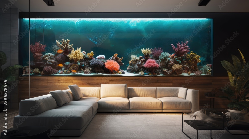 Living Room with Coral Reef Aquarium Walls, Unique Marine Life Display ...