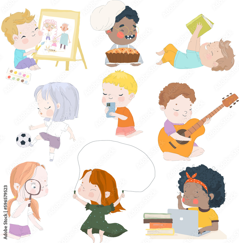 Happy Cartoon Kids engaged in Different Activities. Vector Set Stock ...
