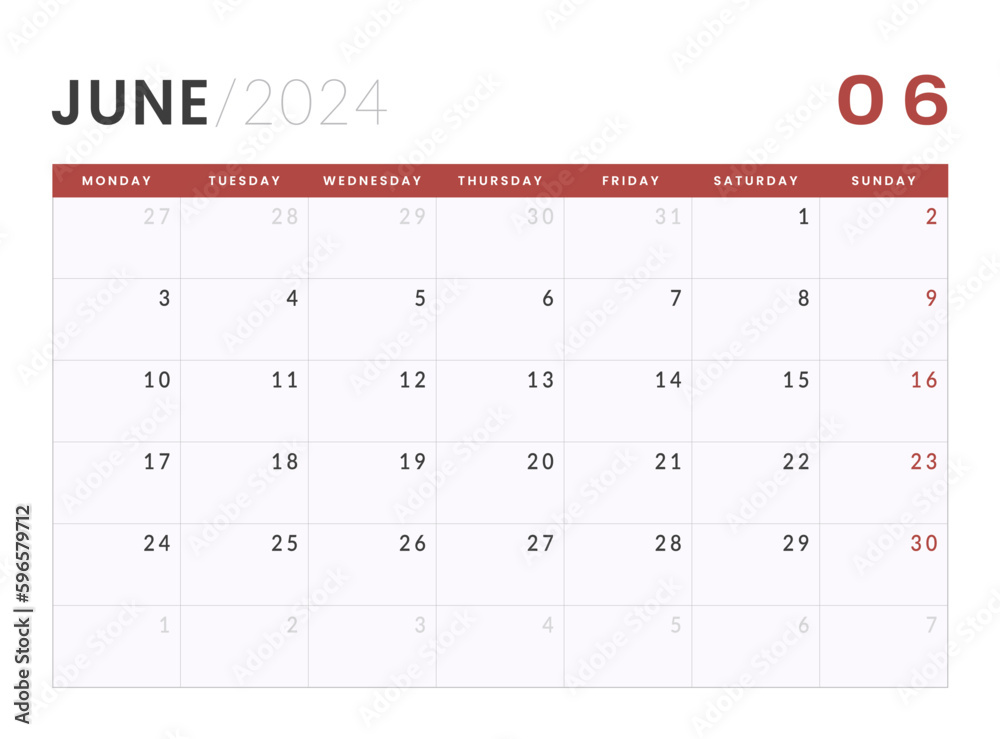 Monthly Calendar Template of june 2024. Vector layout of a wall or desk ...