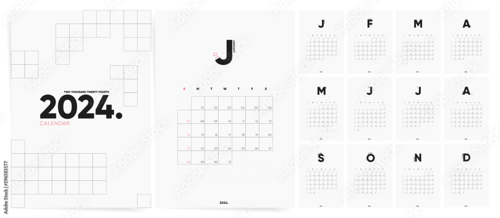 Calendar template for 2024 year. Week starts on Sunday. Modern minimal ...