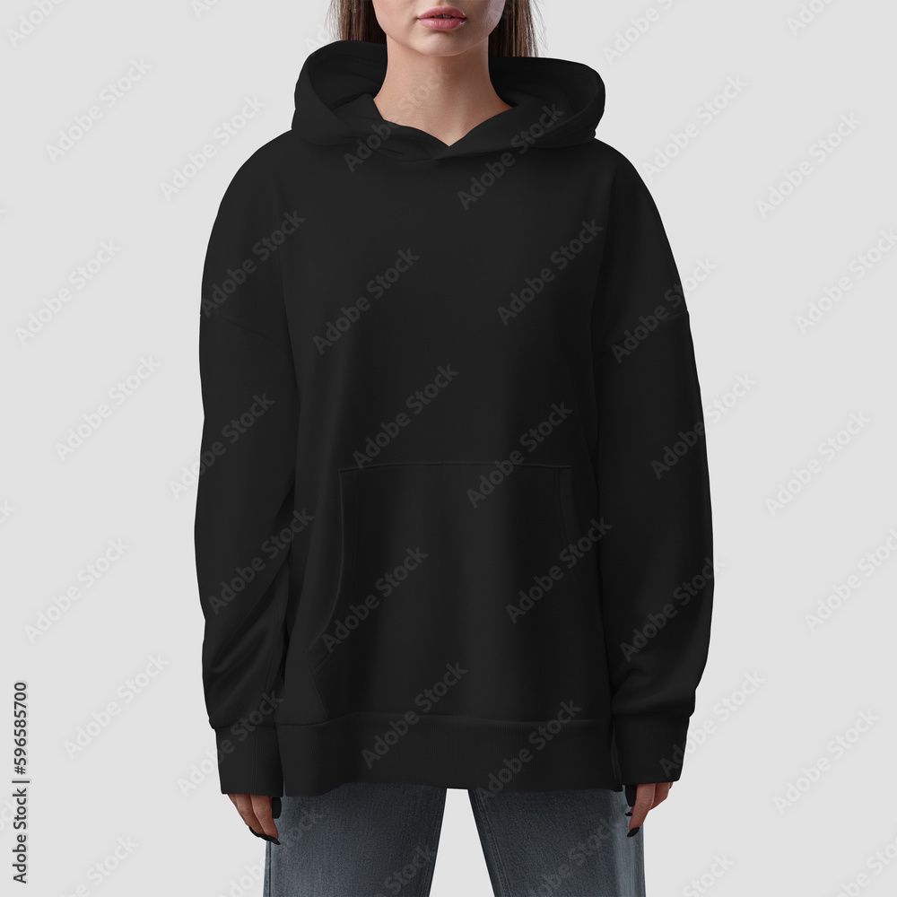 Black hoodie mockup with slits on the sides on a beautiful girl, front ...
