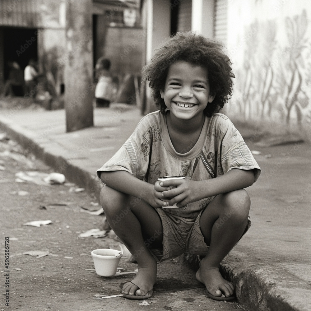 Brazilian happy poor kid with a cup of milk or tea on the street, Baby ...