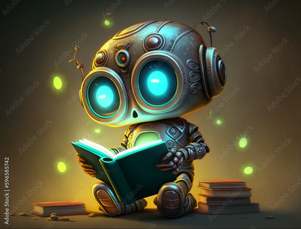 Cute robot child reading a book with a smile, cartoon style, android ...