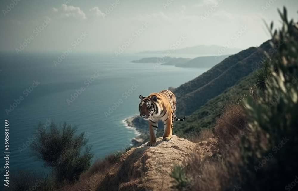 Wild animal photography of a Tiger standing on top of a cliff field ...