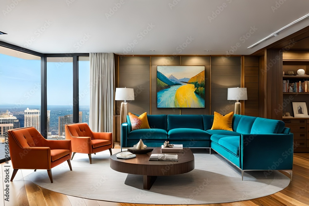 Illustrazione Stock Interior design of a vibrant and lively living room ...