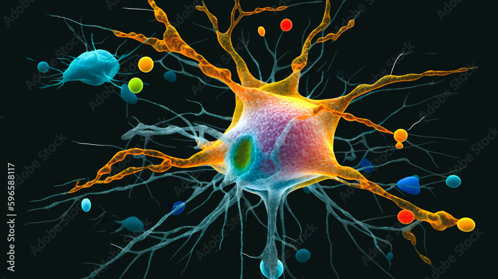 a magnified view of a neuron cell with different colored receptors and ...