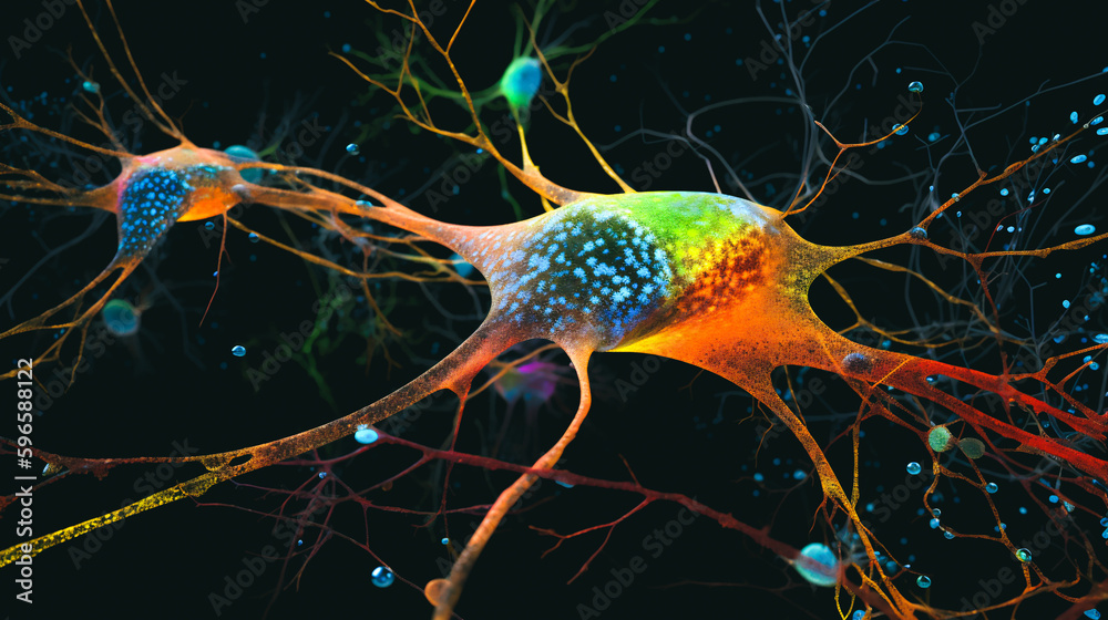 a magnified view of a neuron cell with different colored receptors and ...