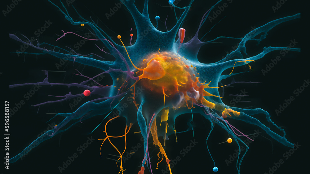a magnified view of a neuron cell with different colored receptors and ...