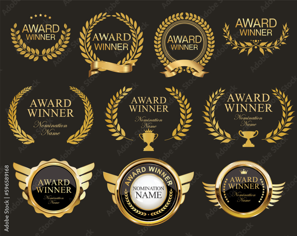 Award Winner emblem collection of gold laurel wreath vector ...