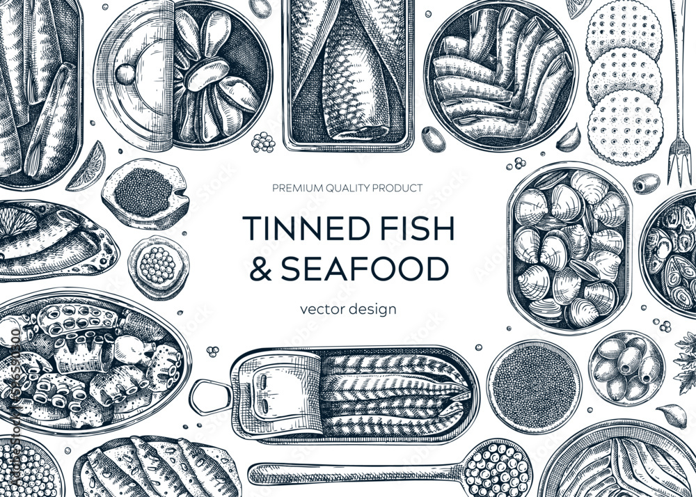 Tinned fish frame design. Seafood background with hand-drawn sardines ...