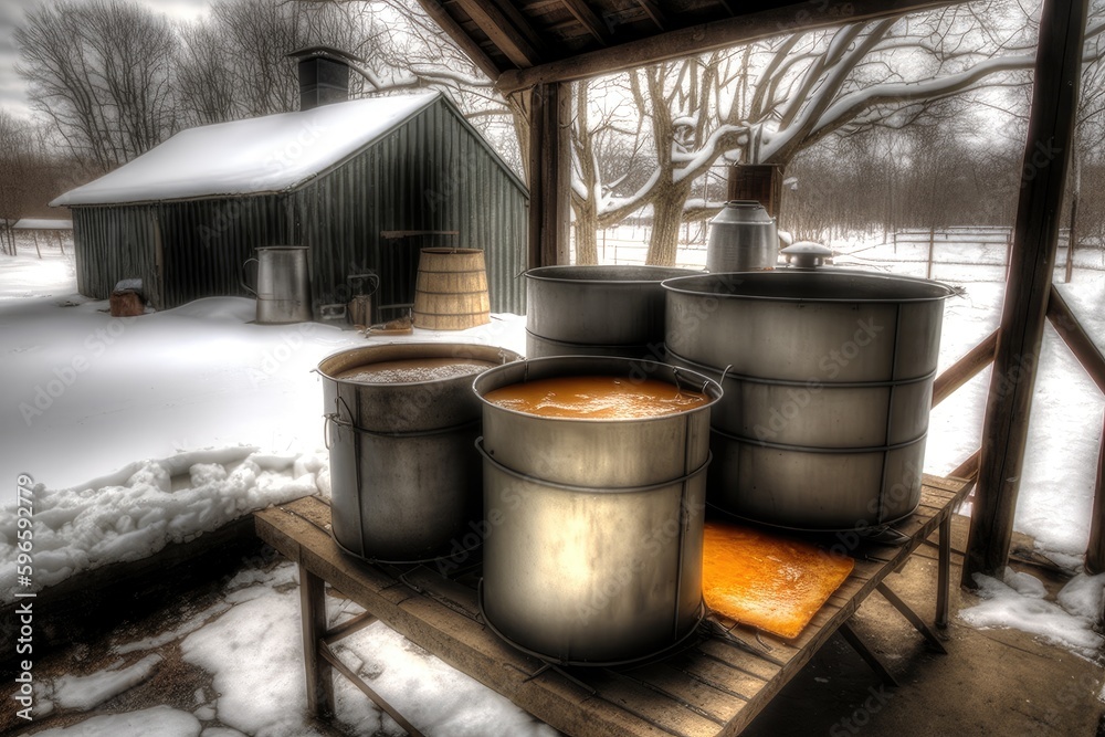 maple sap evaporator, surrounded by buckets of maple sap, ready for ...