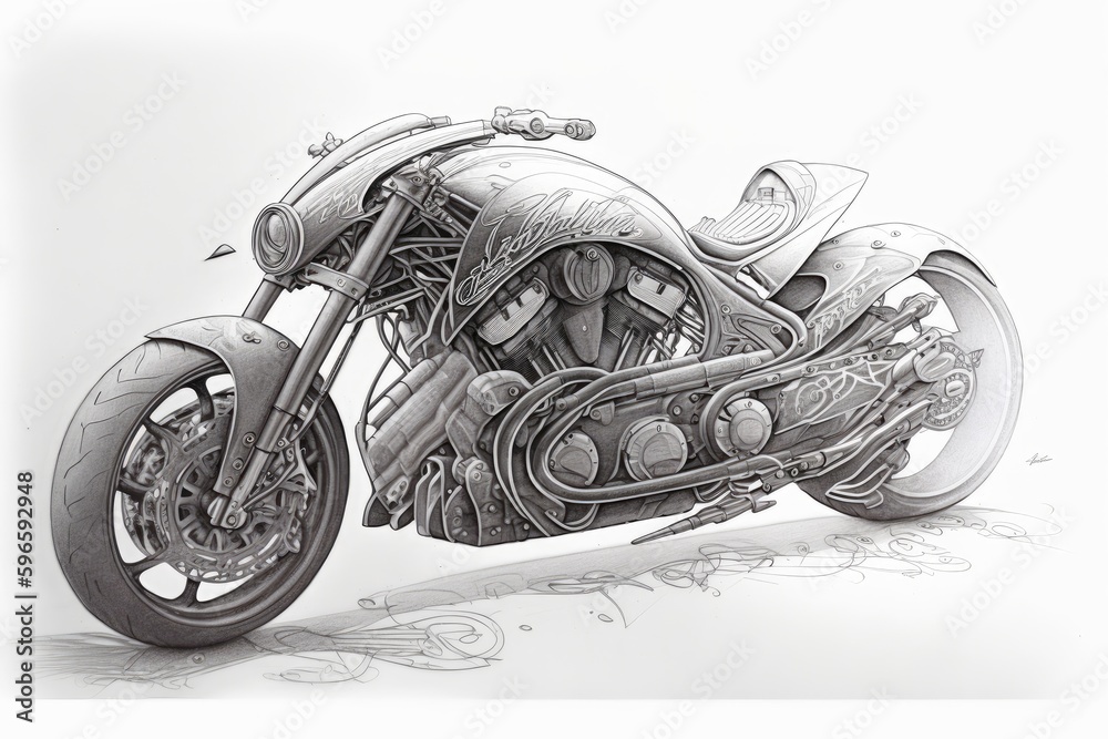detailed pencil sketch of custom-built motorcycle, with intricate ...