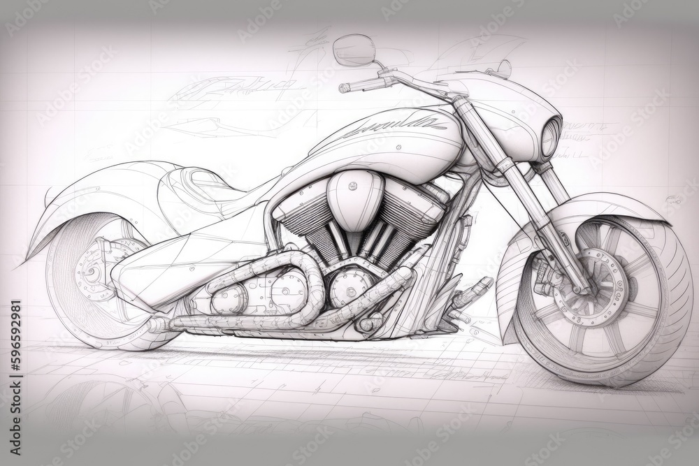 rough pencil sketch of custom chopper with flared fenders and high-end ...