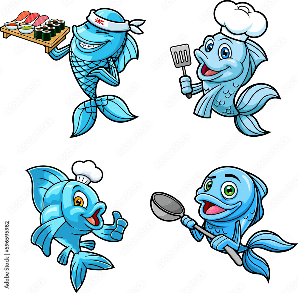 Fish Cartoon Characters. Vector Hand Drawn Collection Set Isolated On ...
