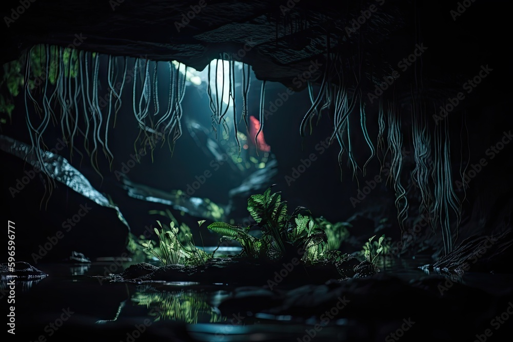 neon plant growing in dark and mysterious cave, with water dripping ...