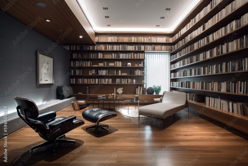 modern library with sleek furniture and minimalist design, offering a ...