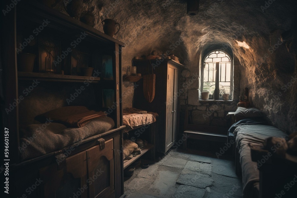 Interior of a dim ancient cell for individuals equipped with a bed ...