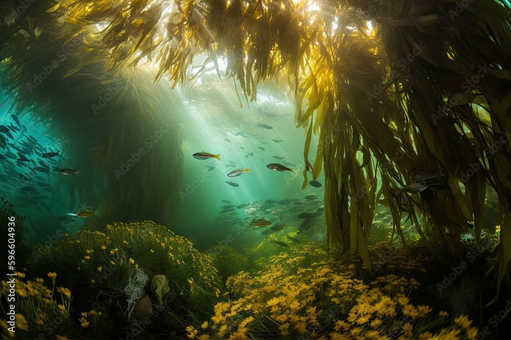 mystical underwater garden with kelp plants and sparkling schools of ...