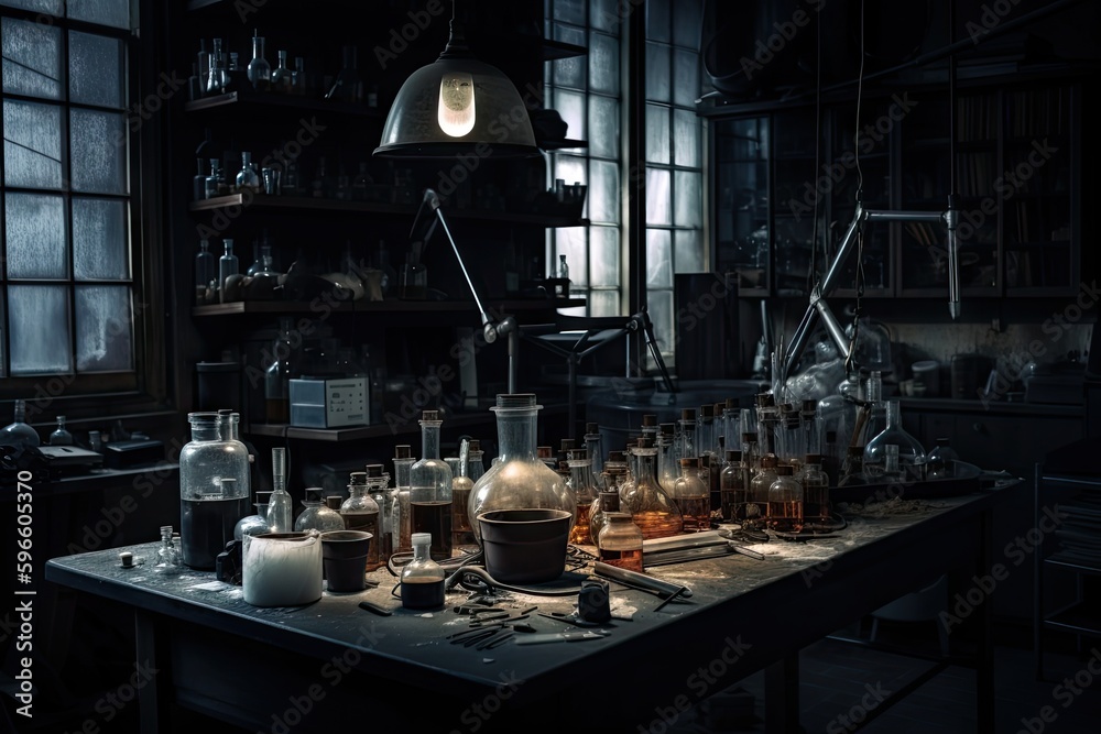 laboratory equipment and glassware, arranged in eerie and mysterious ...