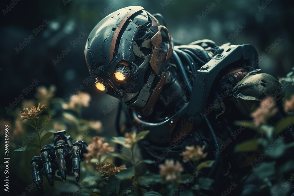 Rusty android robot working with plants in garden nature. Humanoid ...