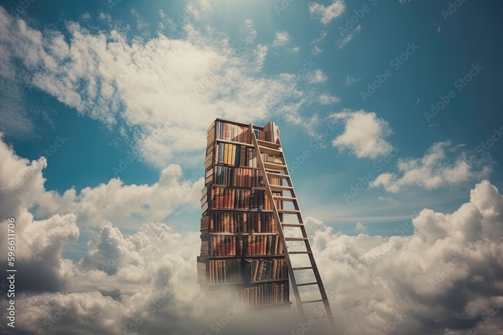 Abstract book stack with ladder on sky with clouds background ...