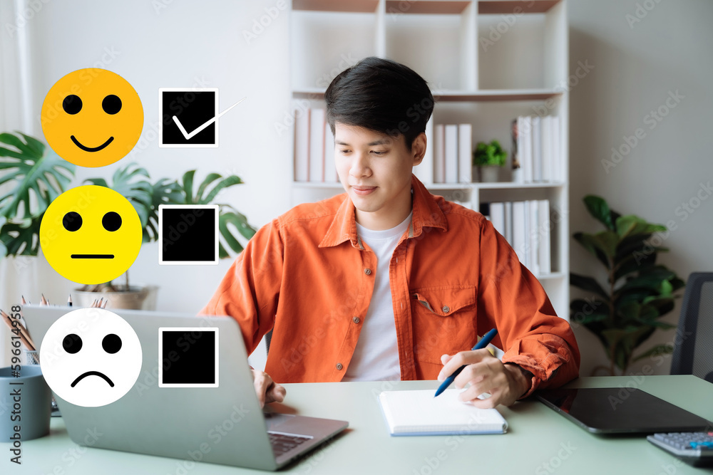 Happy Client customer experience concept. Male recording laptop inquiry ...