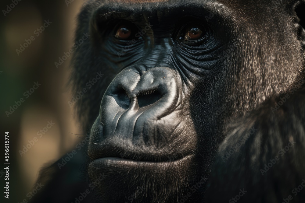 gorilla with close-up of its face, showing its calm and gentle nature ...