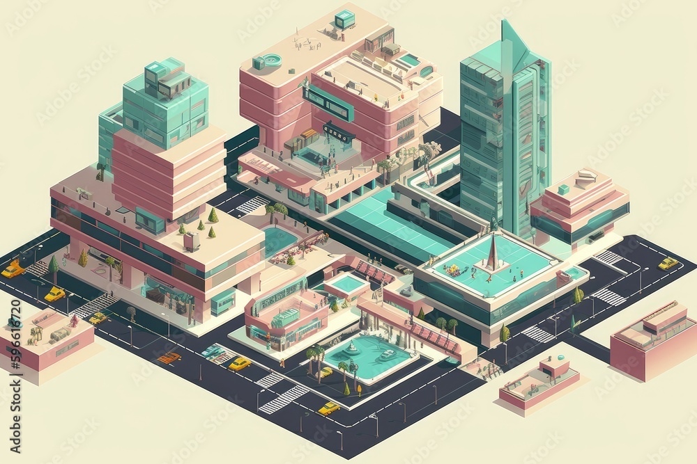 on-site visit to futuristic city, with detailed isometric and ...