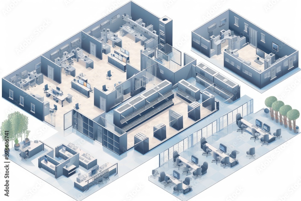 isometric and axonometric floor plans of modern office building, with ...