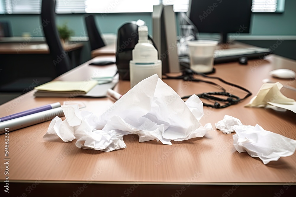 worn and torn tissues littering an office desk, with nasal spray nearby ...