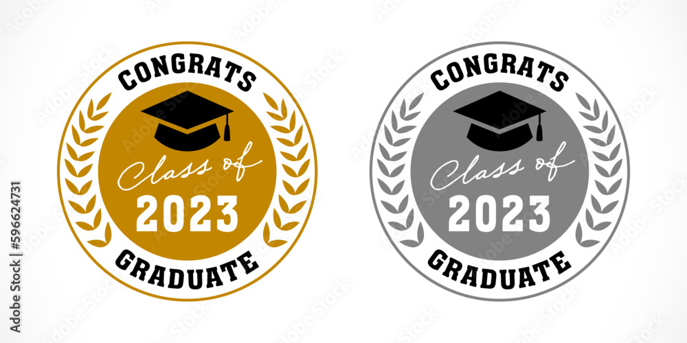 2023 Class of educational medal gold and silver. Congratulations graduate 2023 year badge design ...