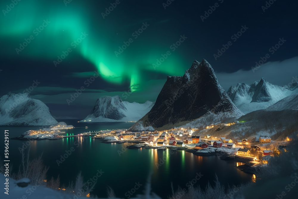 ilustración de un paisaje con pueblo nevado entre montañas en noruega por la noche con la aurora ...